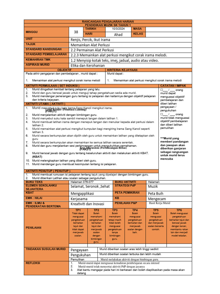 M38 RPH PENDIDIKAN MUZIK THN 1 2024-2025 BY CIKGU GORGEOUS | PDF