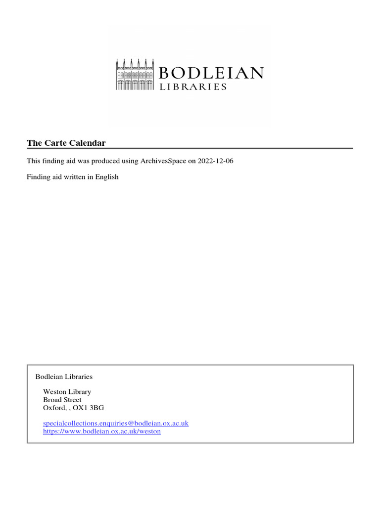 The Carte Calendar: This Finding Aid Was Produced Using Archivesspace ...