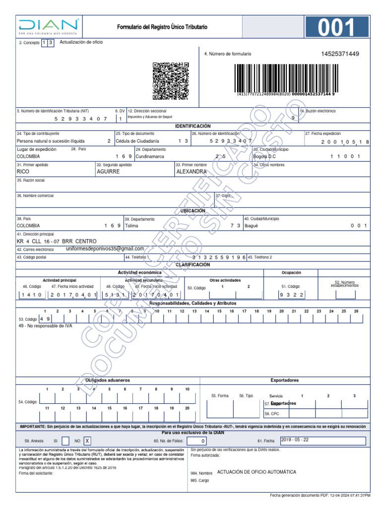 Registro Único Tributario DIAN | PDF