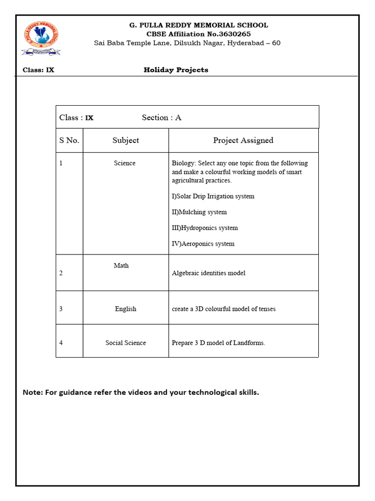 Class IX Holiday Project Assignments | PDF