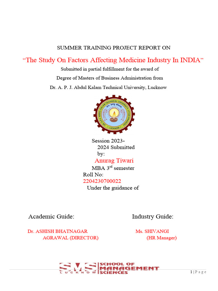Summer Training Project Report On | PDF | Pharmaceutical Industry ...