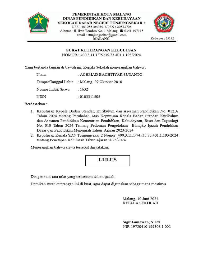 Contoh Surat Keterangan Kelulusan | PDF