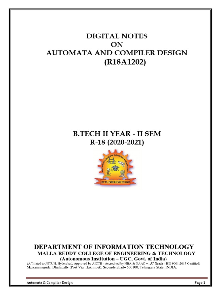 Automata and Compiler Design (r18a1201) | PDF | Parsing | Theoretical ... Automata and Compiler Design (r18a1201) | PDF | Parsing | Theoretical ...