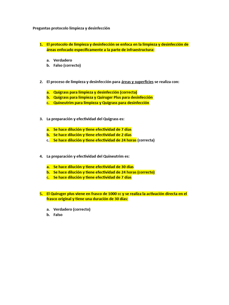 1.1. Preguntas Protocolo Limpieza y Desinfección | PDF