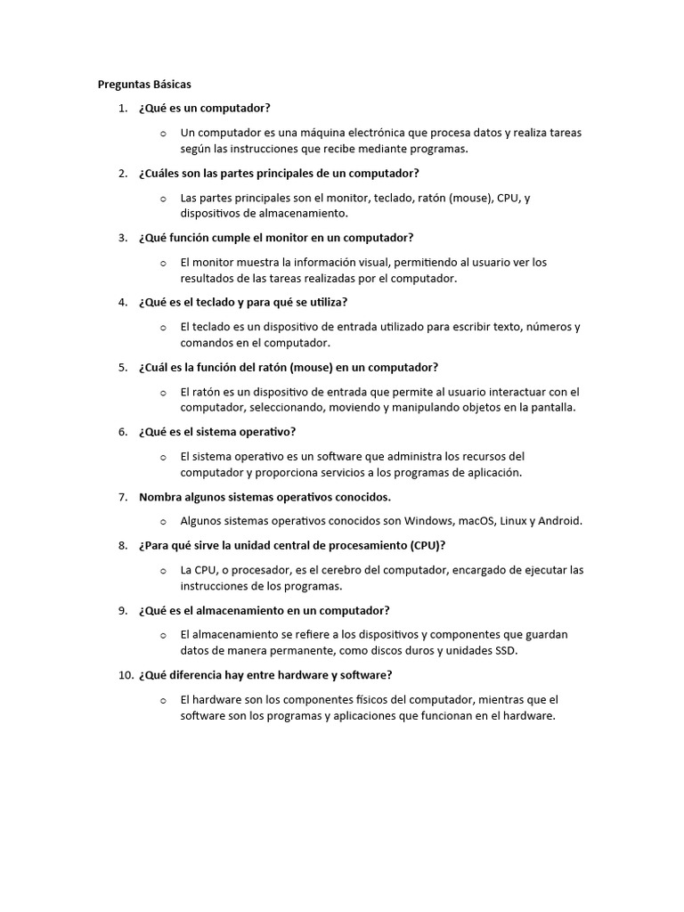 Preguntas Básicas computacion | PDF | Hardware de la computadora | Sistema operativo