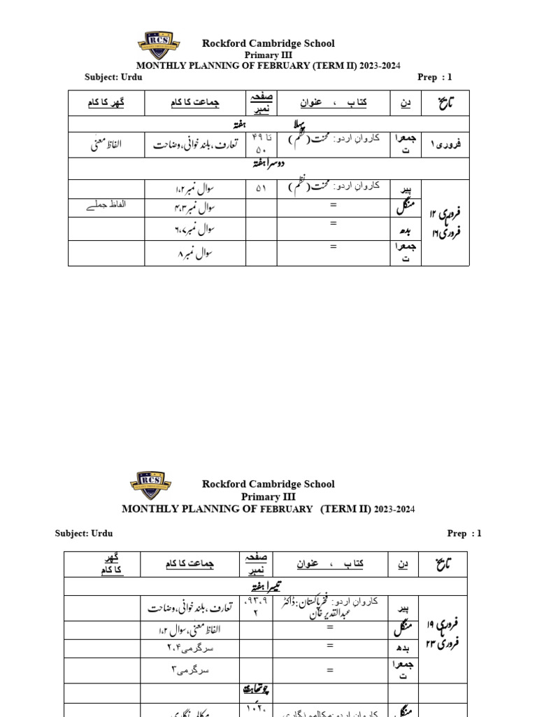 Urdu Lesson Plan February 2024 | PDF