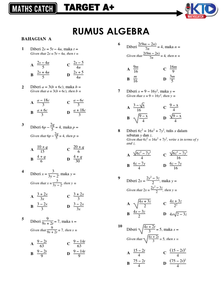 Ujian T45 Rumus Algebra | PDF
