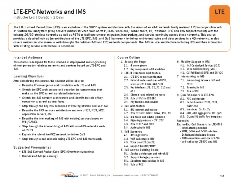 Award - LTE-EPC Networks and IMS | PDF | Ip Multimedia Subsystem | Networking Standards