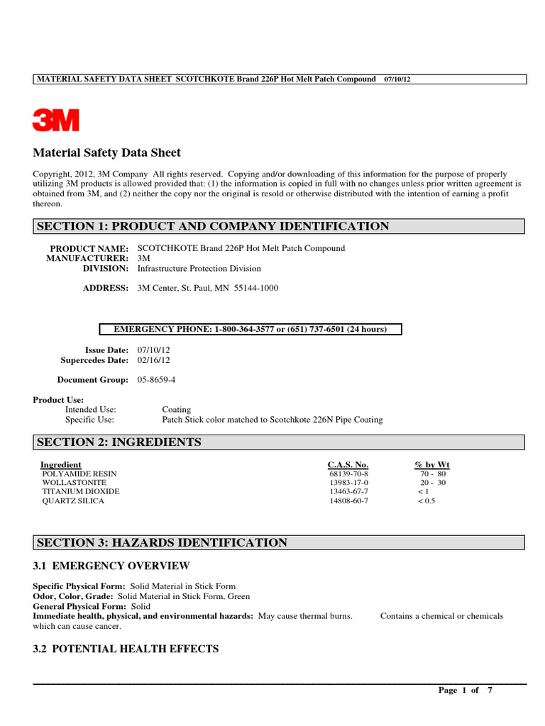 Material Safety Data Sheet Scotchkote Brand 226P Hot Melt Patch ...