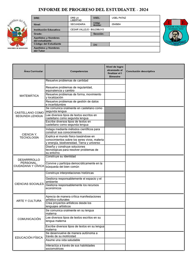 Informe de de Progreso Del Estudiante 2024 | PDF | Segundo lenguaje