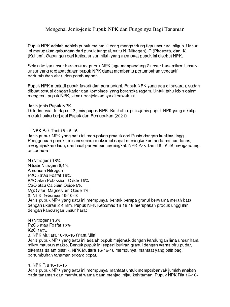 Mengenal Jenis Pupuk Npk Pdf