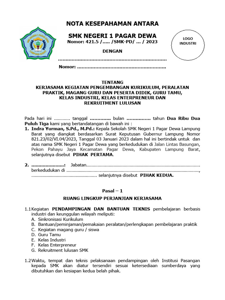 Draft - Mou SMK 1 Pagar Dewa - Lambar | PDF