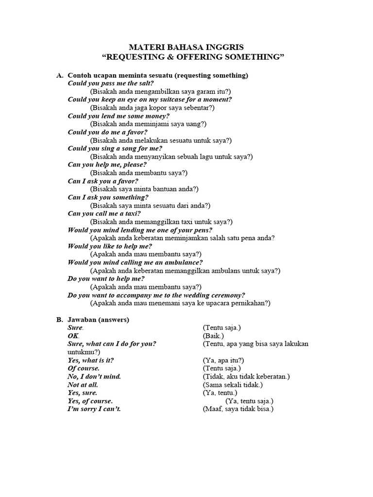 Materi Bahasa Inggris - Pertemuan 2 - 6 Mei 2023 - Requesting and Offering Something | PDF