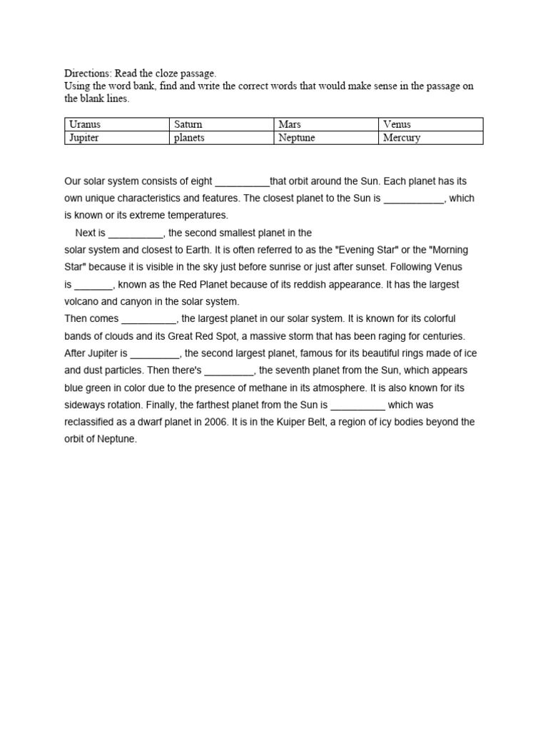 Solar System Cloze Worksheet Worksheets Library - Free Word Template