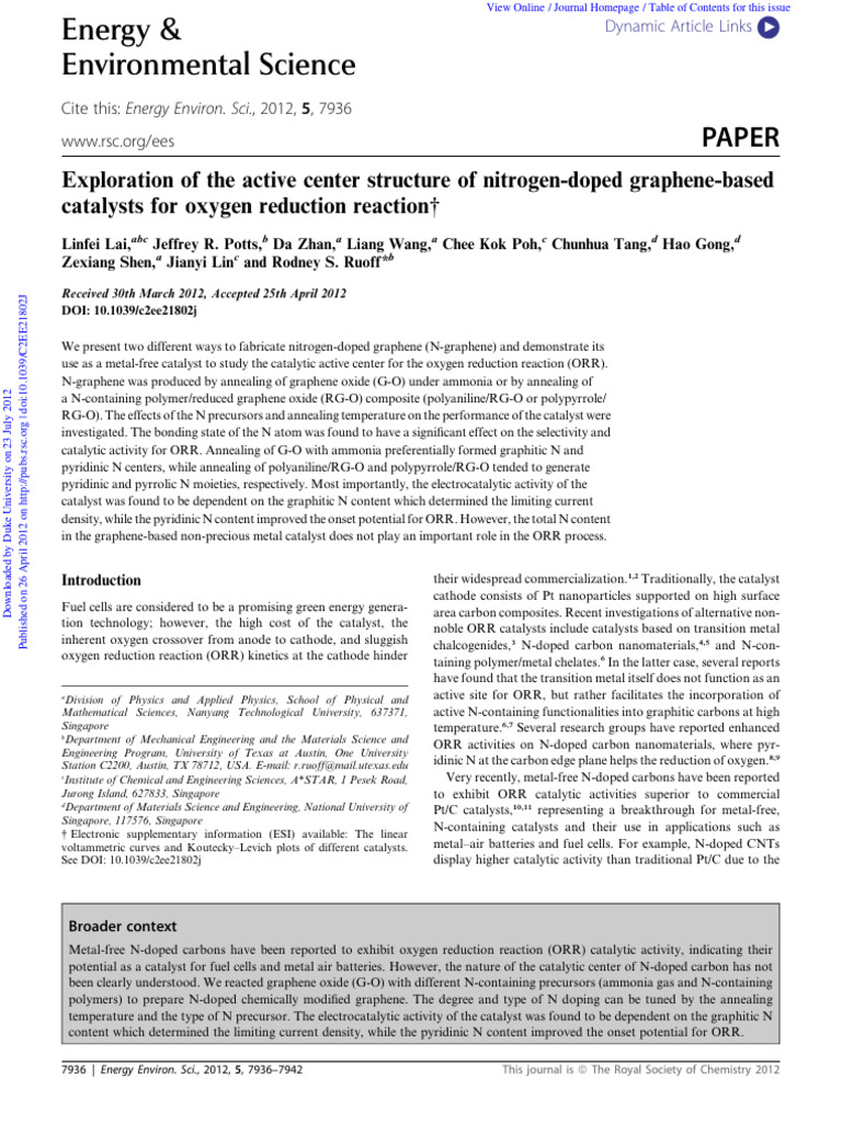 Exploration of The Active Center Structure of Nitrogen-Doped Graphene-Based Catalysts For Oxygen ...