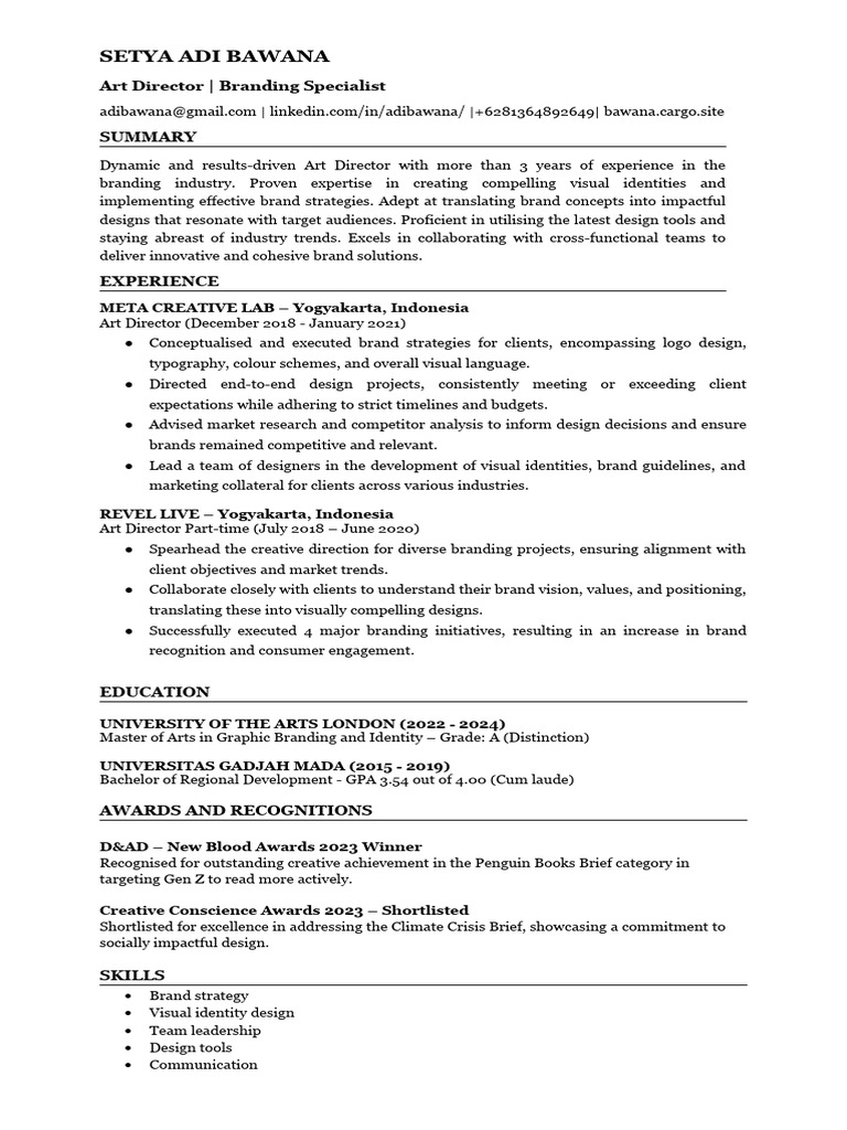 Setya Adi Bawana Art Director Resume | Download Free PDF | Brand | Business