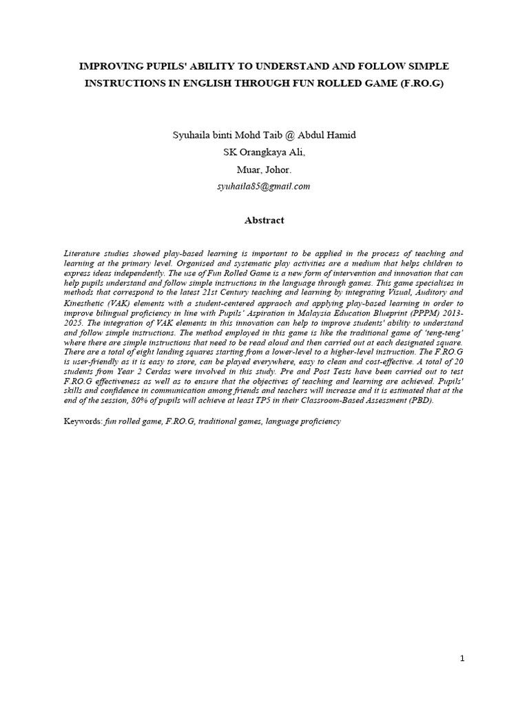 IMPROVING PUPILS' ABILITY TO UNDERSTAND AND FOLLOW SIMPLE INSTRUCTION IN ENGLISH THROUGH FUN ...