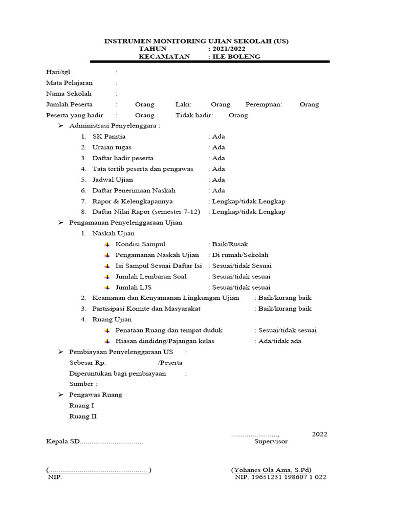 Instrumen Monitoring Ujian Sekolah | PDF