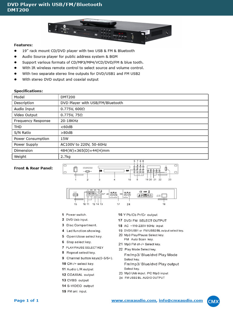 DMT200 DVD Player Features & Specs | PDF