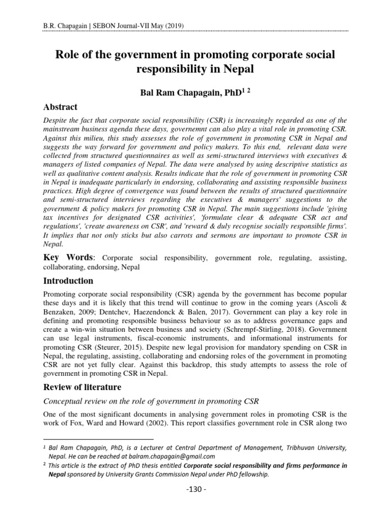 2019 - Role of Gov in Promoting CSR - SEBON Journal | PDF | Corporate ...