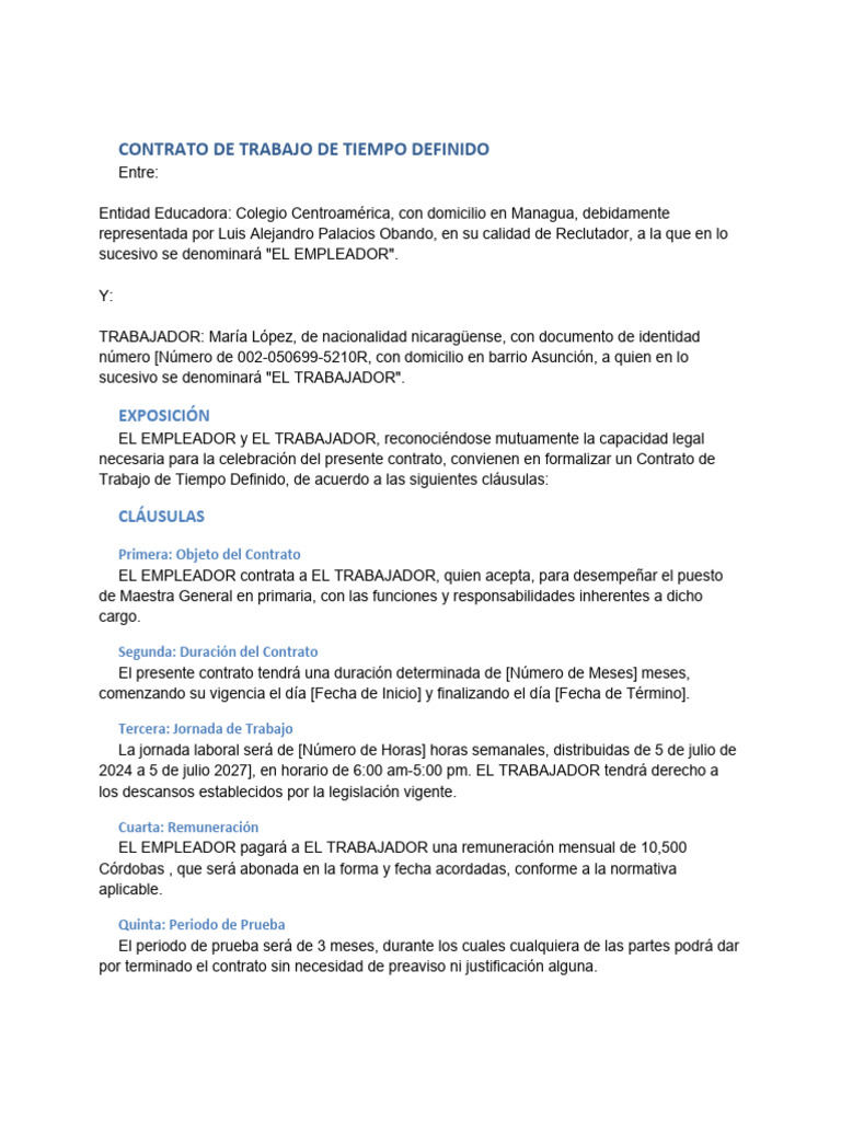 Contrato Trabajo Tiempo Definido | PDF | Derecho laboral | Salario