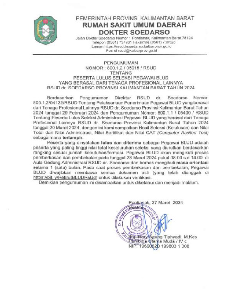 Pengumuman Peserta Lulus Seleksi Pegawai BLUD RSUD Dr. Soedarso Tahun 2024 | PDF