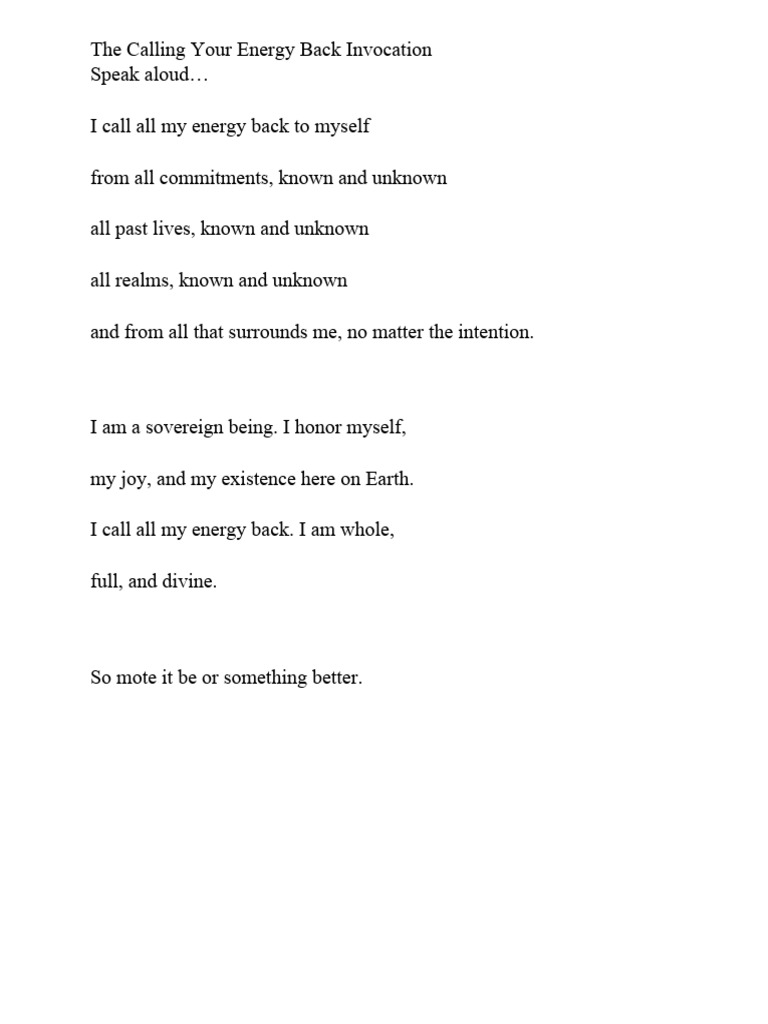 The Calling Your Energy Back Invocation | PDF