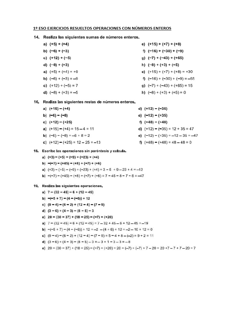 1 Eso Ejercicios Resueltos Operaciones Con Números Enteros (1) | PDF 1 Eso Ejercicios Resueltos Operaciones Con Números Enteros (1) | PDF