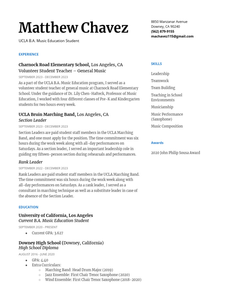Matthew Chavez - Resume | Download Free PDF | Marching Bands | Music