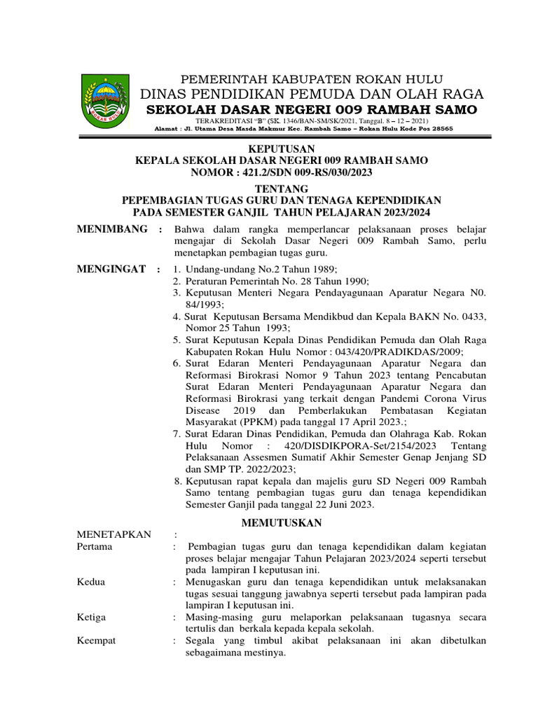 SK Pembagian Tugas Guru 2023-2024 | PDF