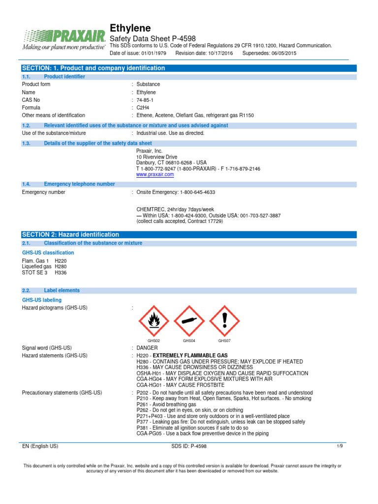 Ethylene c2h4 Safety Data Sheet Sds p4598 | PDF | Firefighting | Water