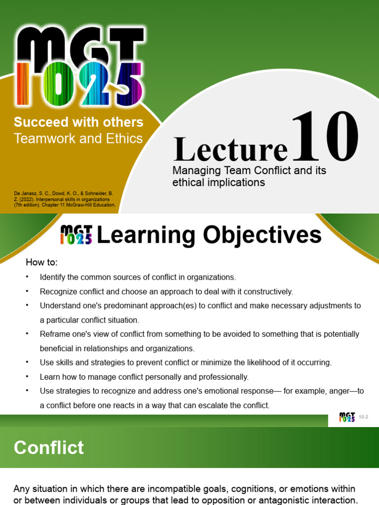 MGT1025 Lecture 10 Managing Team Conflict and Its Ethical Implications ...