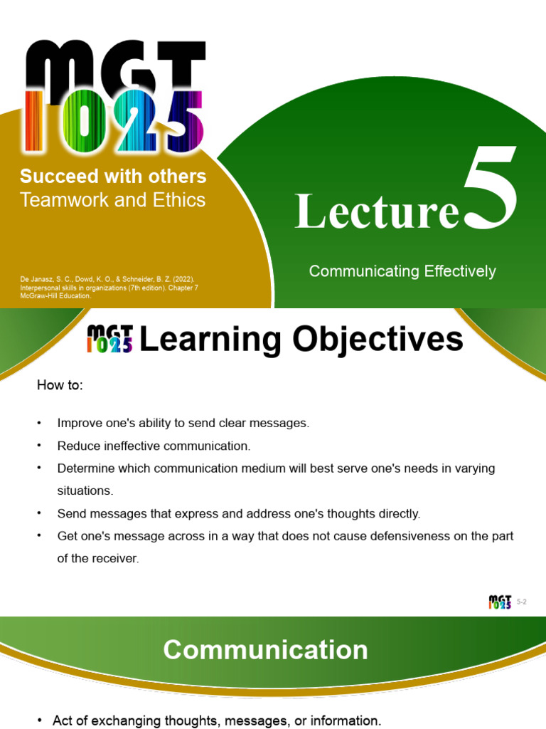MGT1025 Lecture 05 Communicating Effectively | PDF | Communication | Information