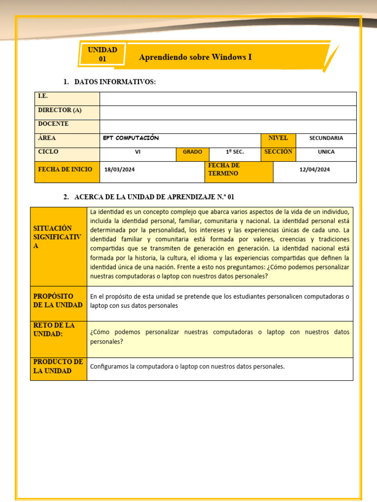 1° Sec. Unidad 01 Ept Computación | PDF | Aprendizaje | Software de la aplicacion