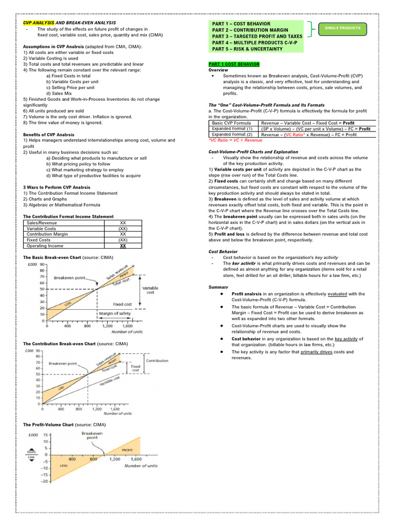 Finals Topic 1 Notes Cvp And Break Even Analysis Pdf Business Economics Economics