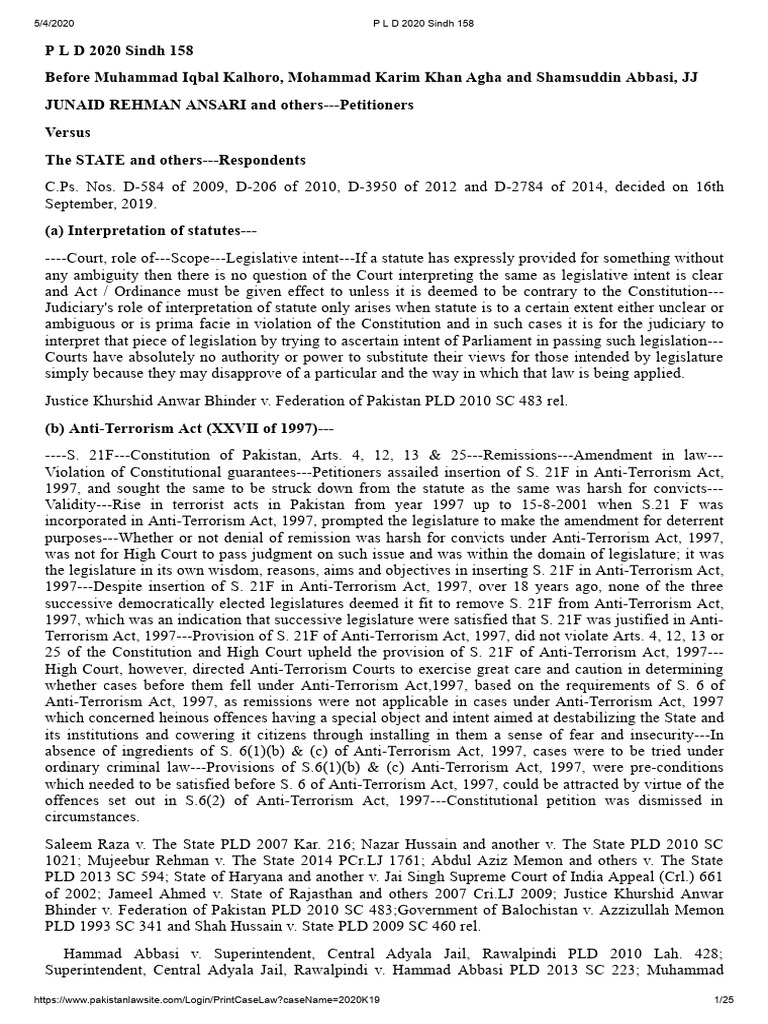 PLD 2020 Sindh 158 | Download Free PDF | Crimes | Crime & Violence