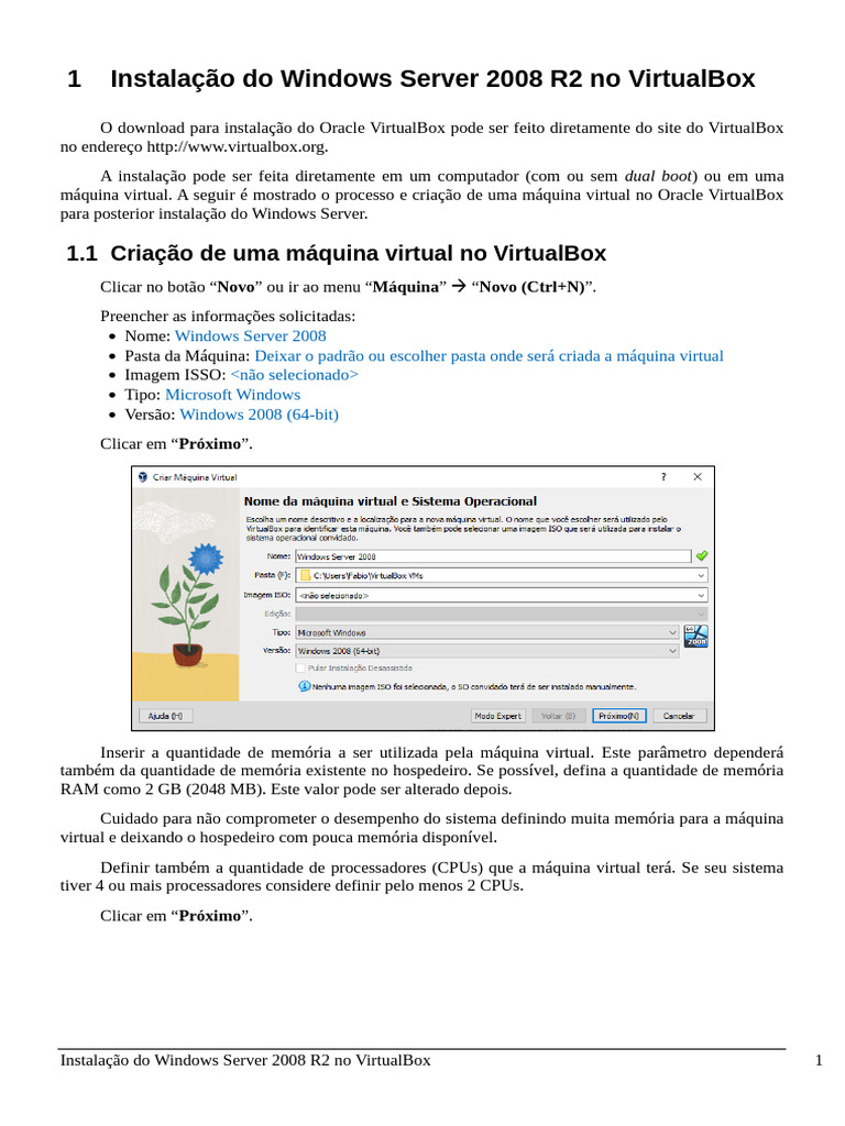 Windows Server 2008 - Instalacao No VirtualBox | PDF | Microsoft Windows | Máquina virtual