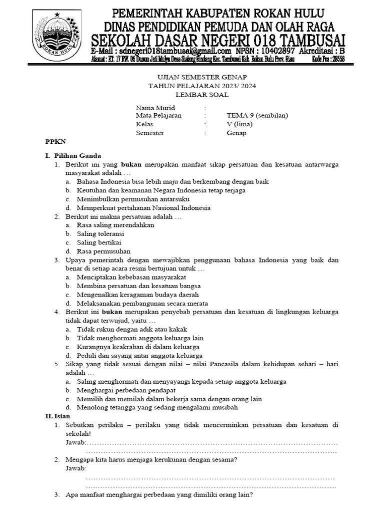 Soal Ujian Tema 9 Genap | PDF