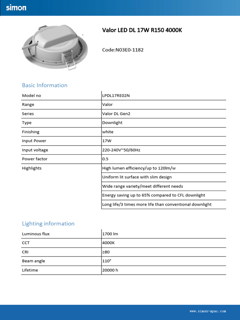 Valor DL 17W Downlight Specifications | PDF | Electrical Components ...