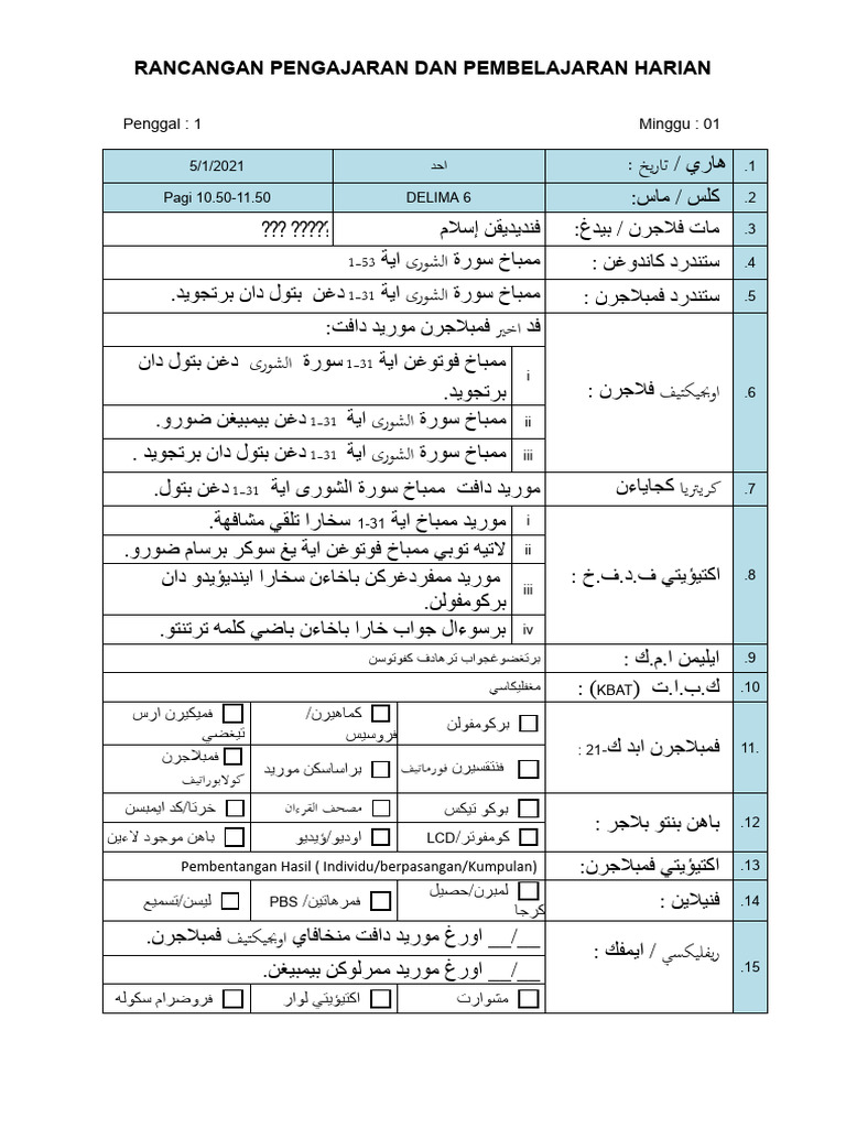 RPH Pak21 Minggu 1-38 (Khatam Alquran) THN 6 | PDF