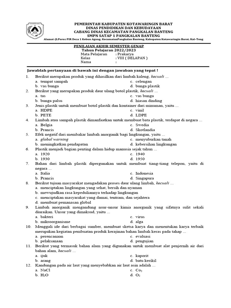 Soal Pas Prakarya Kelas Viii SMT 2 2023 | PDF