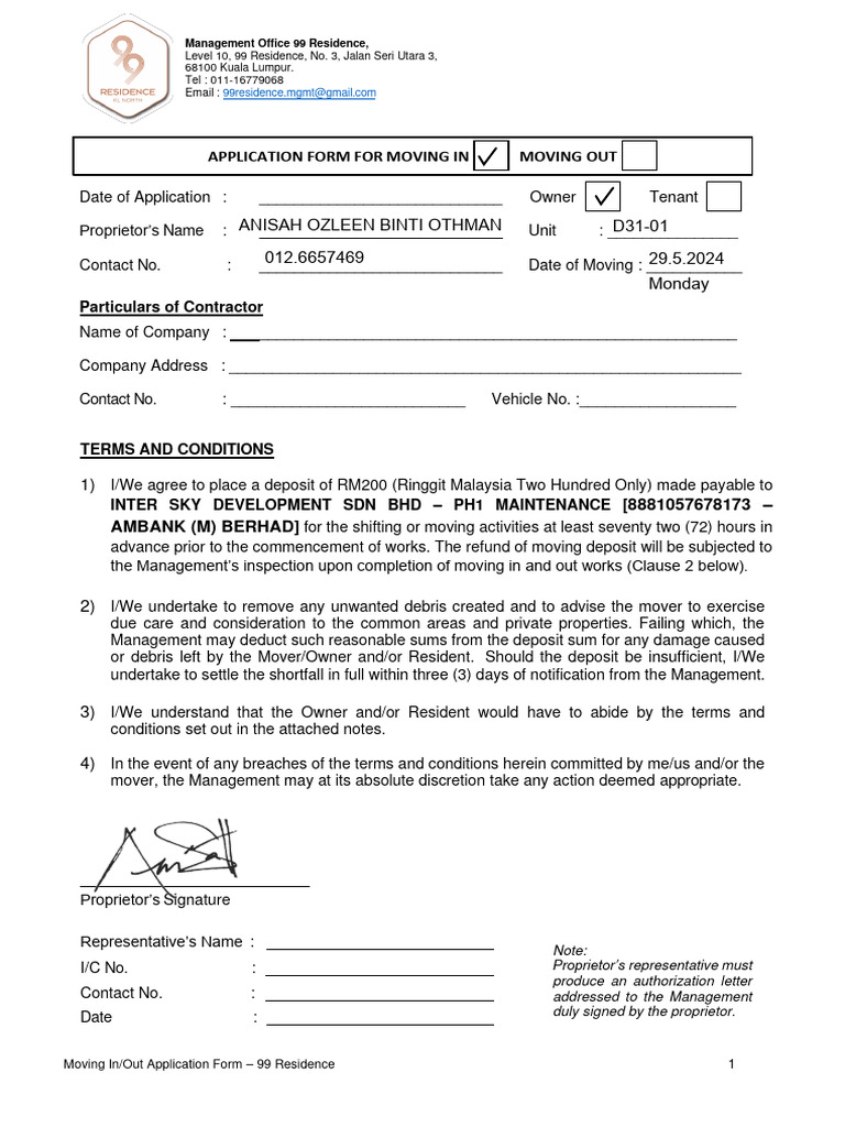 99residence - 001 - Moving - Form 29apr | PDF | Private Law | Justice