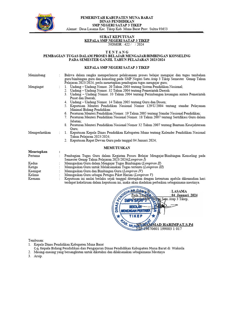 SK PEMBAGIAN TUGAS SMSTR GENAP 2023-2024 Baru | PDF