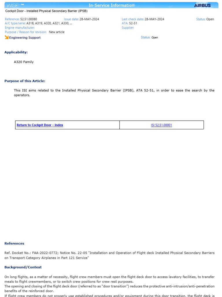 Cockpit Door - Installed Physical Secondary Barrier (IPSB) | PDF ...