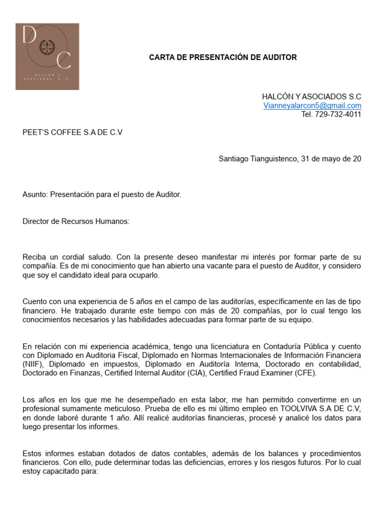 Carta de Presentación | Descargar gratis PDF | Auditoría | Contralor