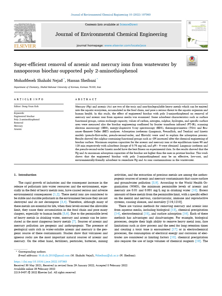 Mohaddeseh Shahabi Nejad, 2022 | PDF | Adsorption | Arsenic