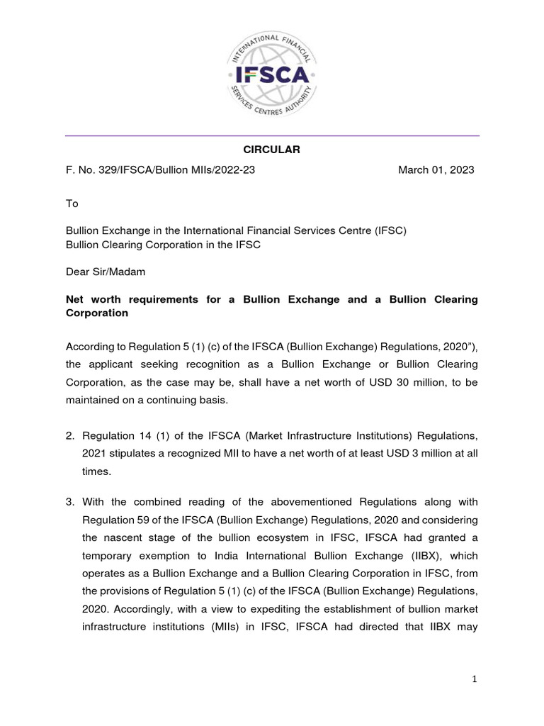 Circular Prescribing Net Worth For Bullion Exchange and Bullion ...