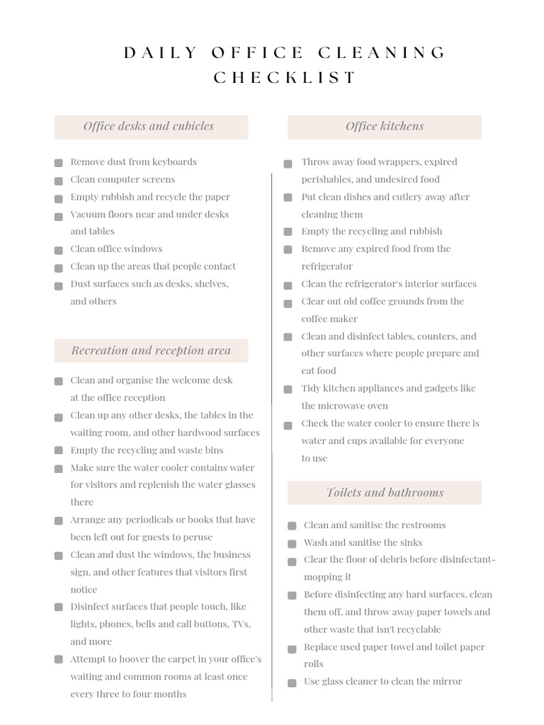 Office Cleaning Checklist For EMop | PDF | Bathroom