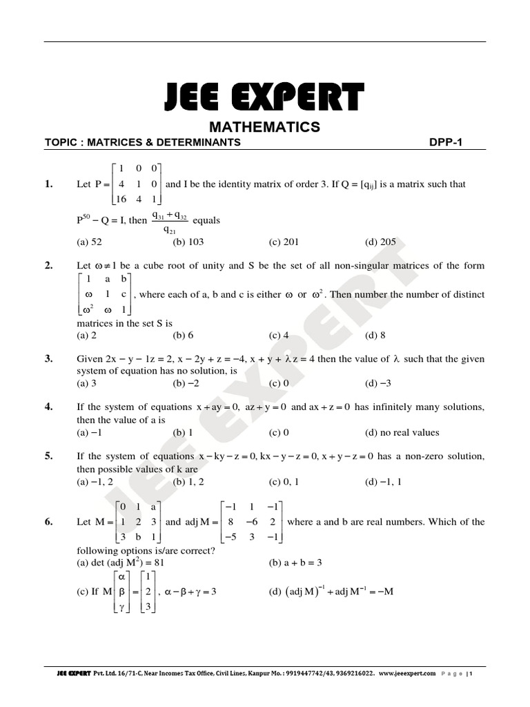 DPP-1 (Matrices & Determinants) (Sahay Sir) Math | PDF | Matrix (Mathematics) | Determinant