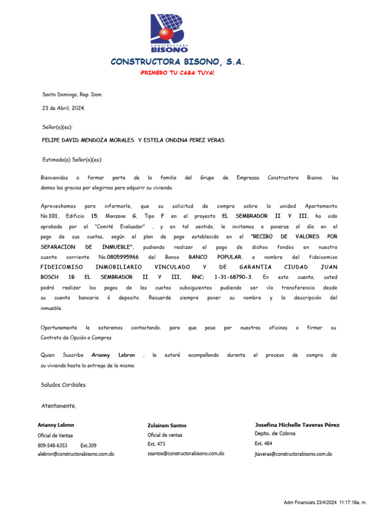 Carta Bienvenida | PDF